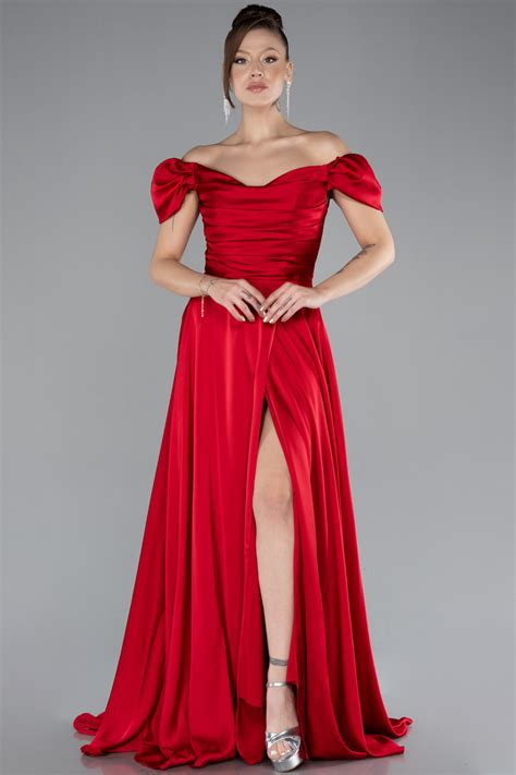 Boat Neck Slit Long Satin Prom Gown ABU4508 Abiyefon