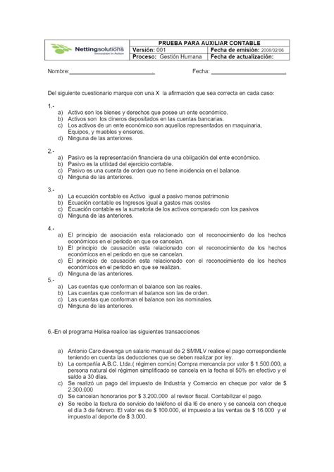 Prueba PARA Auxiliar Contable Contabilidad Basica Studocu
