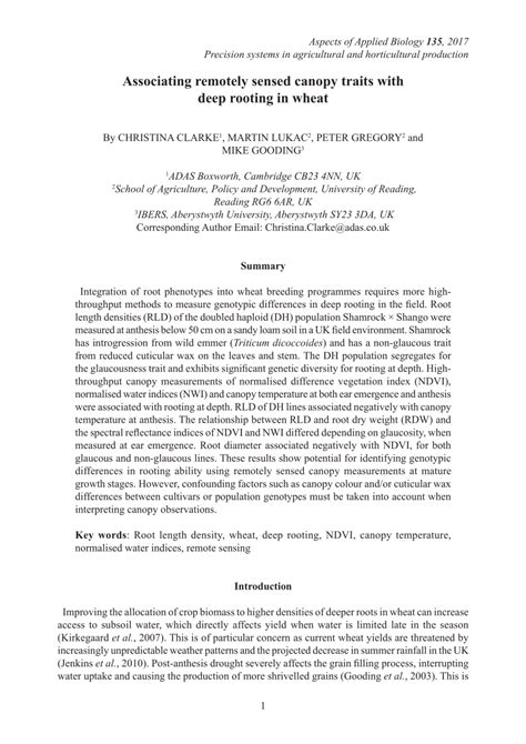 Pdf Associating Remotely Sensed Canopy Traits With Deep Rooting In Wheat