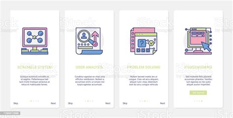 사용자 분석 디지털 시스템 프로그래밍 기술 Ux Ui 모바일 앱 페이지 화면 세트 Java 프로그래밍 언어에 대한 스톡 벡터