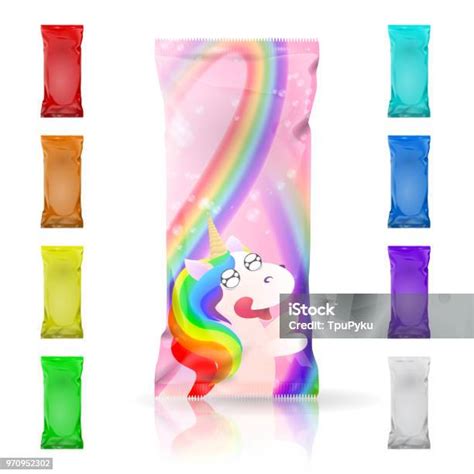 맛 팝 아이스크림 다채로운 무지개 포장 디자인 흰색 배경에 고립 무지개와 유니콘 벡터 템플릿 패킷입니다 3d 현실 벡터 일러스트입니다 냉동실에 대한 스톡 벡터 아트 및 기타