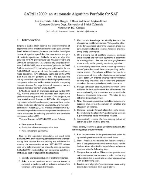 Satzilla 2009 An Automatic Algorithm Portfolio For Sat Hoos And Kevin Leyton Brown Computer