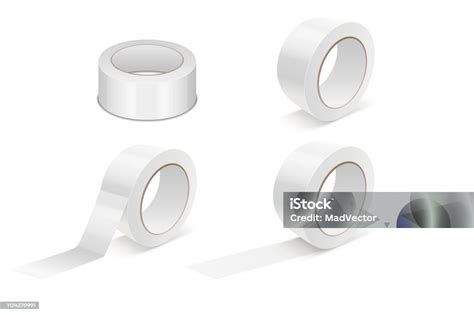현실적인 화이트 벡터 3d Glossytape 롤 아이콘 집합 또는 흰색 배경에 고립 된 모형 근접 촬영 이랑 스티커 테이프 롤 또는 접착 테이프 포장의 디자인 템플릿 전면