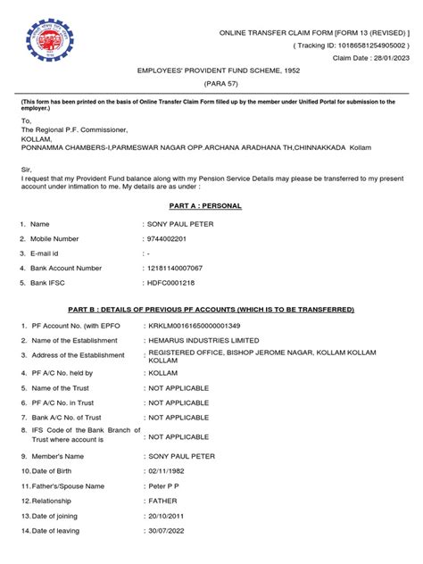 Epf Form 13 Accepted By Field Office Pdf Pdf Service Industries Personal Finance