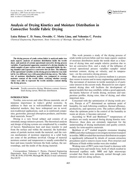 Pdf Analysis Of Drying Kinetics And Moisture Distribution In Convective Textile Fabric Drying