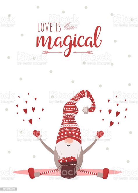 시즌 인사말 발렌타인 데이 스칸디나비아 카드 빨간 모자에 귀여운 작은 노움 사랑은 마법입니다 만화 스타일의 벡터 일러스트레이션 흰색 배경에 노엘 빈티지 엽서 0명에 대한