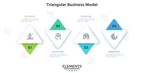 4개의 삼각형 요소 또는 화살표가 수평 행에 배치된 다이어그램 사업 비전의 4가지 특징 개념 간단한 인포그래픽 디자인 템플릿입니다 프리젠 테이션을위한 평면 벡터 그림 0명에