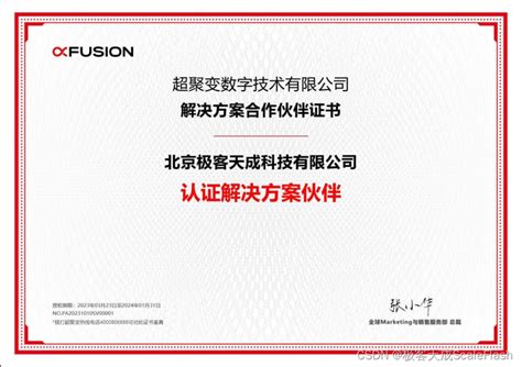 合作共赢 极客天成荣获超聚变解决方案合作伙伴证书合作伙伴战略合作证书 Csdn博客