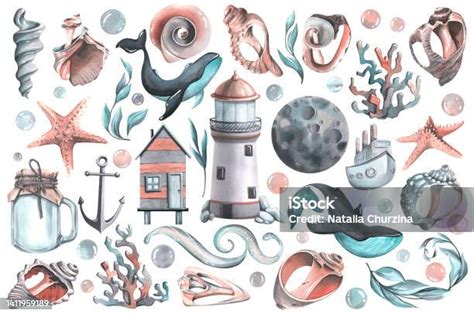 고래 등대 조개 산호 조류 낚시 집이있는 해양 테마의 큰 세트 수채화 그림 이미지 포트폴리오에서 별도로 격리된 개체입니다 장식 및 디자인 등대에 대한 스톡 벡터 아트 및