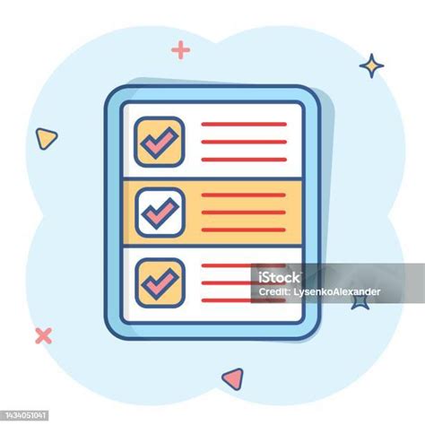 만화 스타일의 설문지 아이콘입니다 흰색 고립 된 배경에 온라인 설문 조사 벡터 만화 그림 체크리스트 보고서 스플래시 효과 비즈니스 개념입니다 검색에 대한 스톡 벡터 아트 및