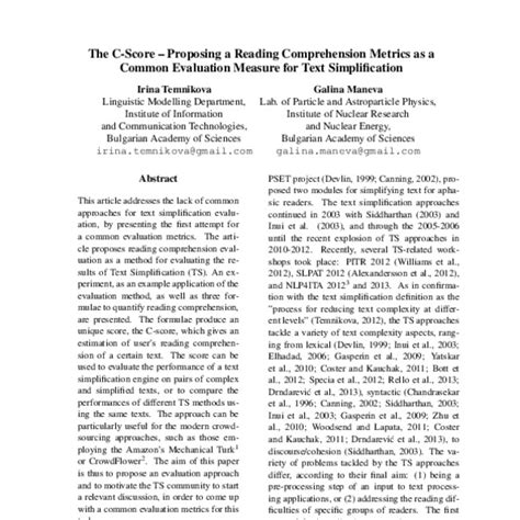 The C Score Proposing A Reading Comprehension Metrics As A Common Evaluation Measure For Text