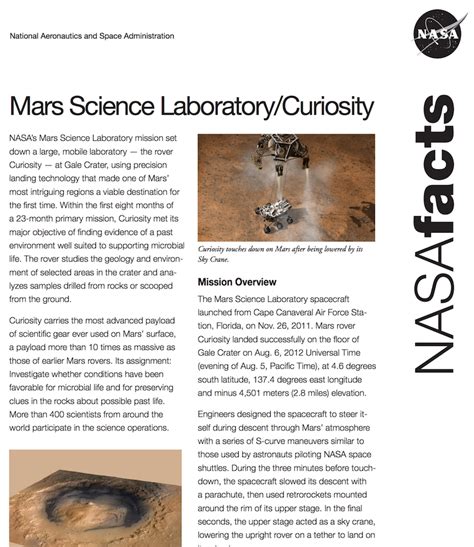 Fact Sheet Mars Science Laboratory Curiosity Nasa Science