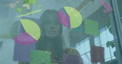 Animation Of Infographic Interface Over Caucasian Woman Sticking Notes On Transparent Wall Stock