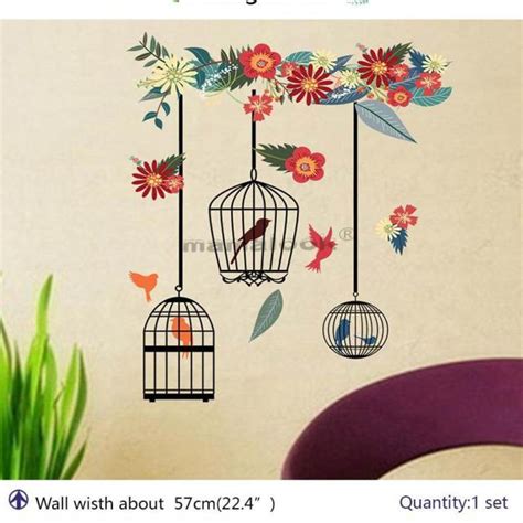লিভিংরুমের বেডরুমের জন্য রঙিন ফুলের বার্ডকেজ ওয়াল স্টিকার হোম সজ্জা ওয়াল ডিকালস বড় মুরালস
