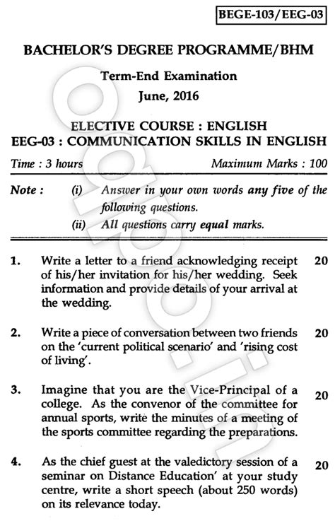 Ignou Bege 103 Communication Skills In English Question Paper June 2016