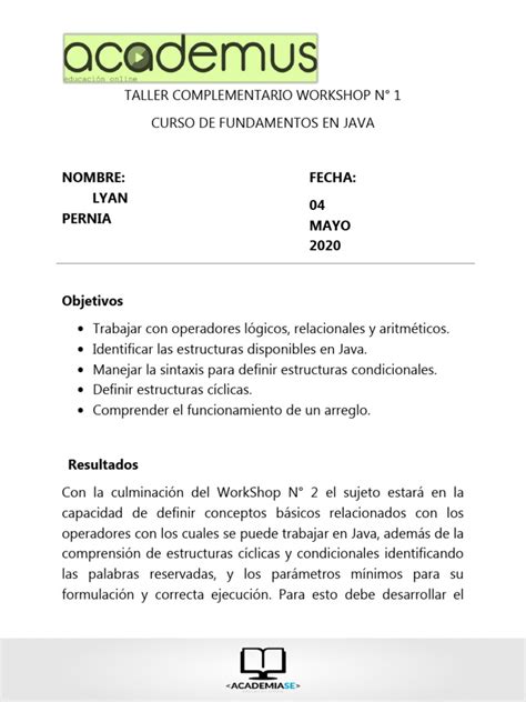 Taller Complementario Workshop 1 Pdf Java Lenguaje De Programación