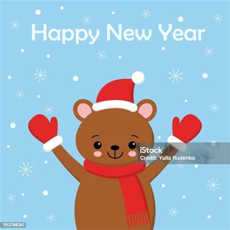 귀여운 곰 눈과 행복 한 새 해 텍스트 만화 벡터 일러스트와 함께 인사말 카드입니다 0명에 대한 스톡 벡터 아트 및 기타 이미지