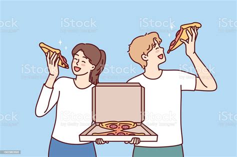 남자와 여자는 이탈리아 간식 상자를 들고 함께 배고픔을 채우며 피자를 먹는다 개념에 대한 스톡 벡터 아트 및 기타 이미지 개념 개념과 주제 건강관리와 의술 Istock