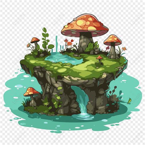 놀라운 클립 아트 만화 버섯 섬 물과 폭포 벡터 페인트 등 트렁크 Png 일러스트 무료 다운로드 Lovepik