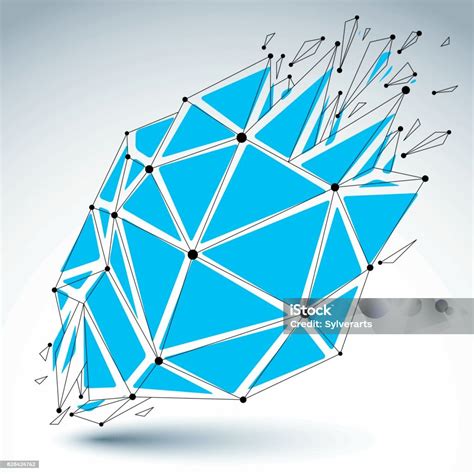관점 기술 점 연결 다각형 블루 와이어 프레임 개체와 검은 줄 모양 철거 폭발 효과 여러 조각으로 금이 추상 측면 요소입니다 3