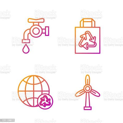 세트 라인 풍력 터빈 행성 지구 및 재활용 물 수돗물 및 종이 쇼핑백을 재활용합니다 그라데이션 색상 아이콘입니다 벡터 가방에 대한 스톡 벡터 아트 및 기타 이미지 Istock