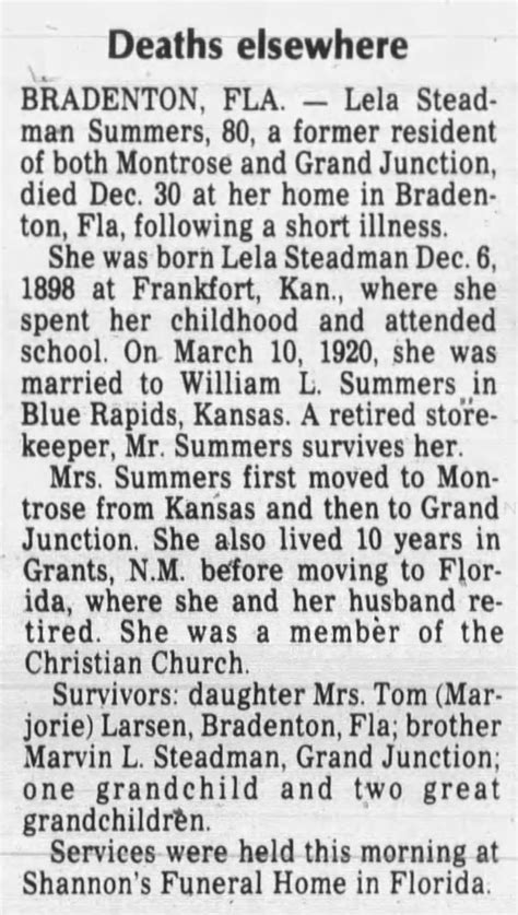 Obituary For Lela Steadman Summers Aged 80 ™