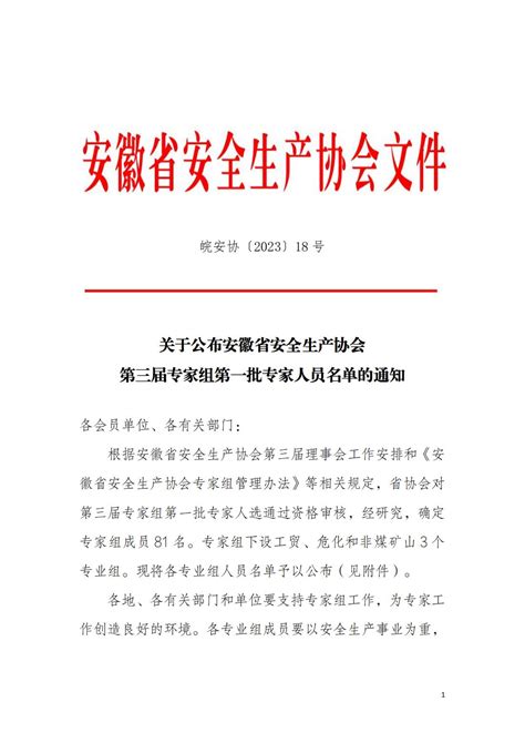 关于公布安徽省安全生产协会第三届专家组第一批专家人员名单的通知 通知公告 新闻中心 安徽省安全生产协会