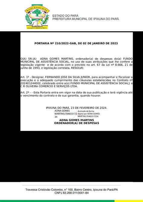 ATO DE DESIGNAÇÃO DE FISCAL DE CONTRATO CR OLIVEIRA Prefeitura