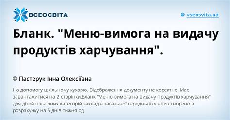 Бланк Меню вимога на видачу продуктів харчування Інші методичні