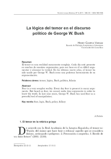 Pdf La Lógica Del Temor En El Discurso Político De George W Bush