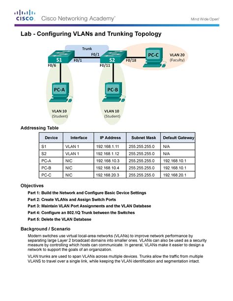 Lab 8 Lab 82 Lab Configuring Vlans And Trunking Topology Addressing Table Device