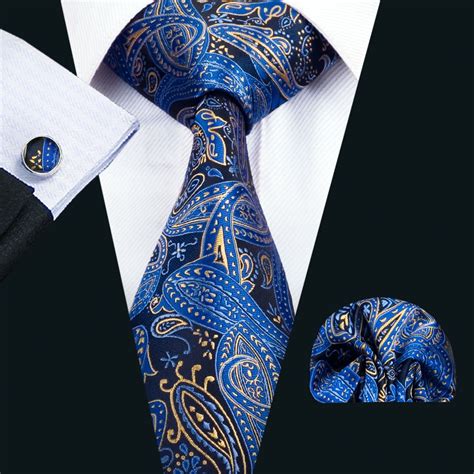 Classic Silk Mens Necktie Blue Necktie Sets Paisley Men Ties Tie Hankerchief Cufflinks Set
