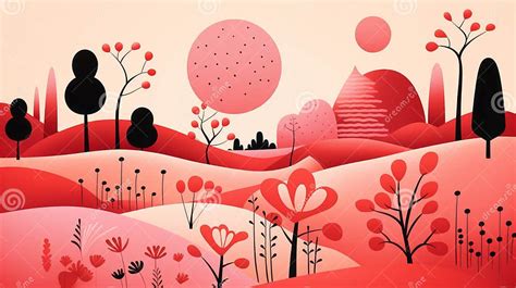 An Illustration Of A Landscape With Trees And Flowers Stock