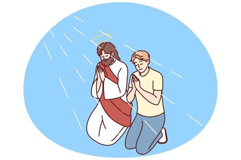Premium Vector Religious Young Man Kneel Near Jesus Christ Praying