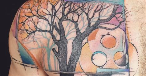 Graphic Tree Tattoo On The Right Side Of The Chest And
