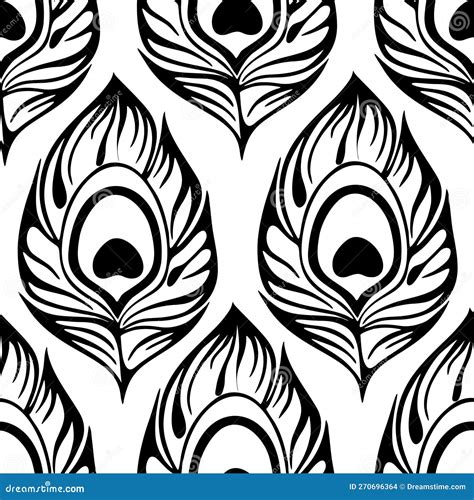 Seamless Contour Pattern Of Black Peacock Feathers On A White