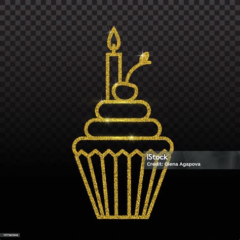 배경에 고립 된 컵 케이크 반짝이 아이콘입니다 초대장 인사말 카드 생일의 디자인용 골든 글리터 컵케이크 검은색에 대한 스톡 벡터