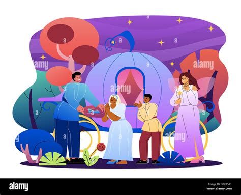 Tale Of Cinderella Woman In White Dress Near Men In Royal Clothes And Pumpkin Carriage Fantasy