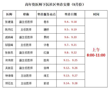 许巷卫生院9月市级专家坐诊及高年资医师社区坐诊安排公示