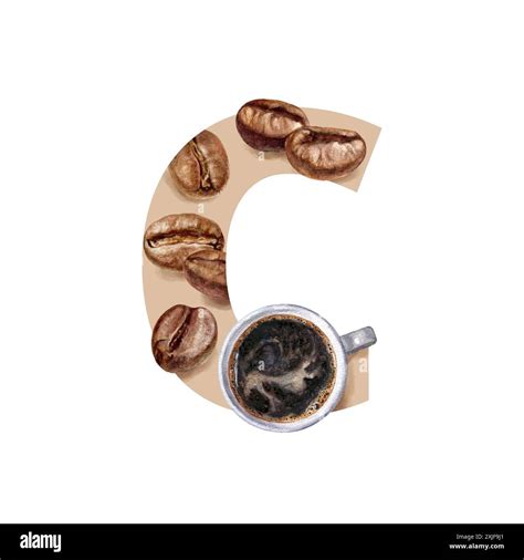 A Minimalist Representation Of The Letter C Using Watercolor Coffee Beans And A Cup In A