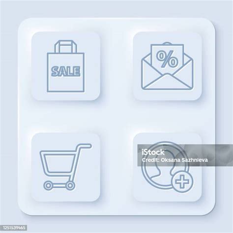 세트 라인 쇼핑 백 판매 이자 할인 봉투 장바구니 및 계정 화면 만들기 흰색 정사각형 버튼 벡터 가방에 대한 스톡 벡터 아트 및 기타 이미지 Istock
