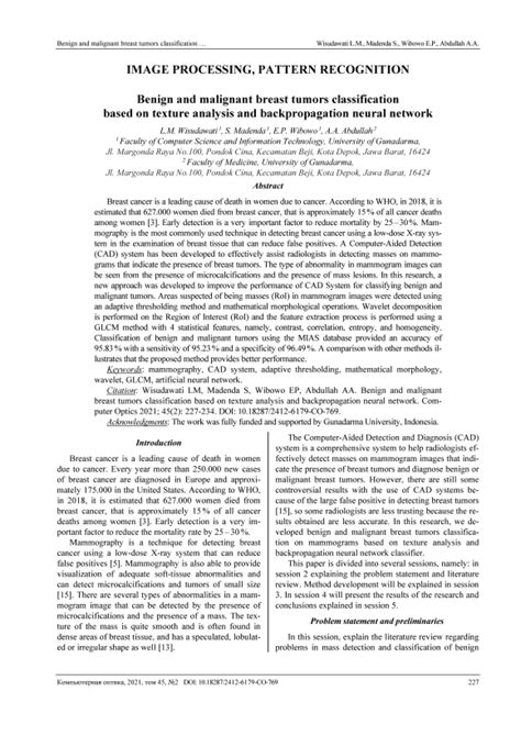 Benign And Malignant Breast Tumors Classification Based On Texture Analysis And Backpropagation