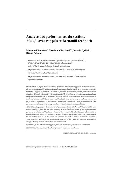 Pdf Analyse Des Performances Du Système Mg1 Avec Rappels Et Bernoulli Feedback