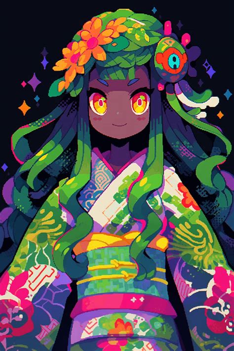 Brown Skinned Green Haired Girl In Kimono By Tuwalg On Deviantart