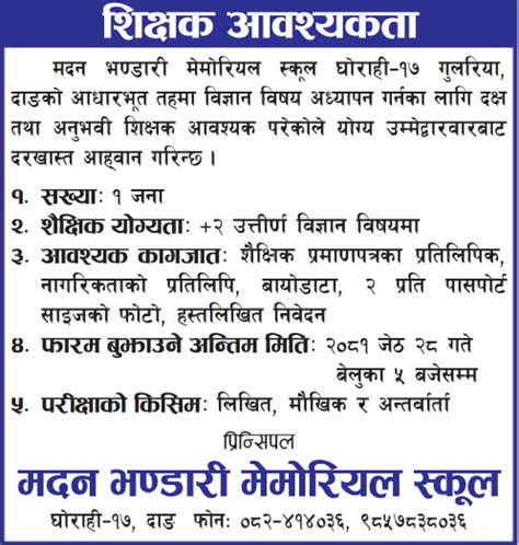 Teacher Needs At Madan Bhandari Memorial School Dang 2081