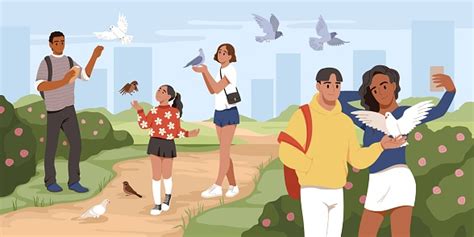 Menschen Füttern Tauben Wanderer Im Park Füttern Vögel Glückliche Jungs