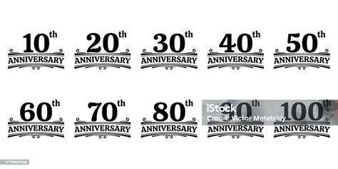 기념일 로고 아이콘 또는 배지 세트 10년 20년 30년 40년 50년 60년 70년 80년 90년 생일 축하 희년 결혼식