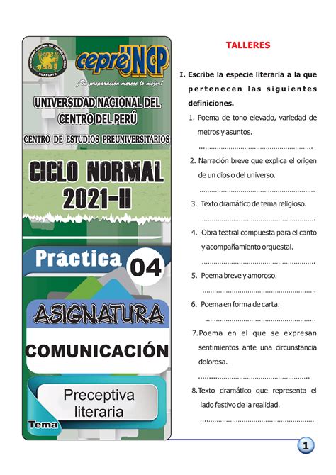 Comunicación CN use TALLERES I Escribe la especie literaria a la que p e r t e n e c e n