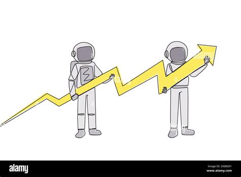 Single One Line Drawing Two Astronauts Holding A Medium Sized Arrow