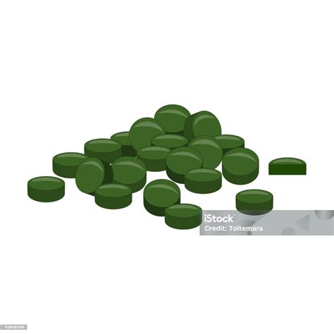 Spirulina 엽록소 또는 클로렐라 정제 흰색 배경에 고립 포장 디자인 요소입니다 평면 벡터 알약에 대한 스톡 벡터 아트 및